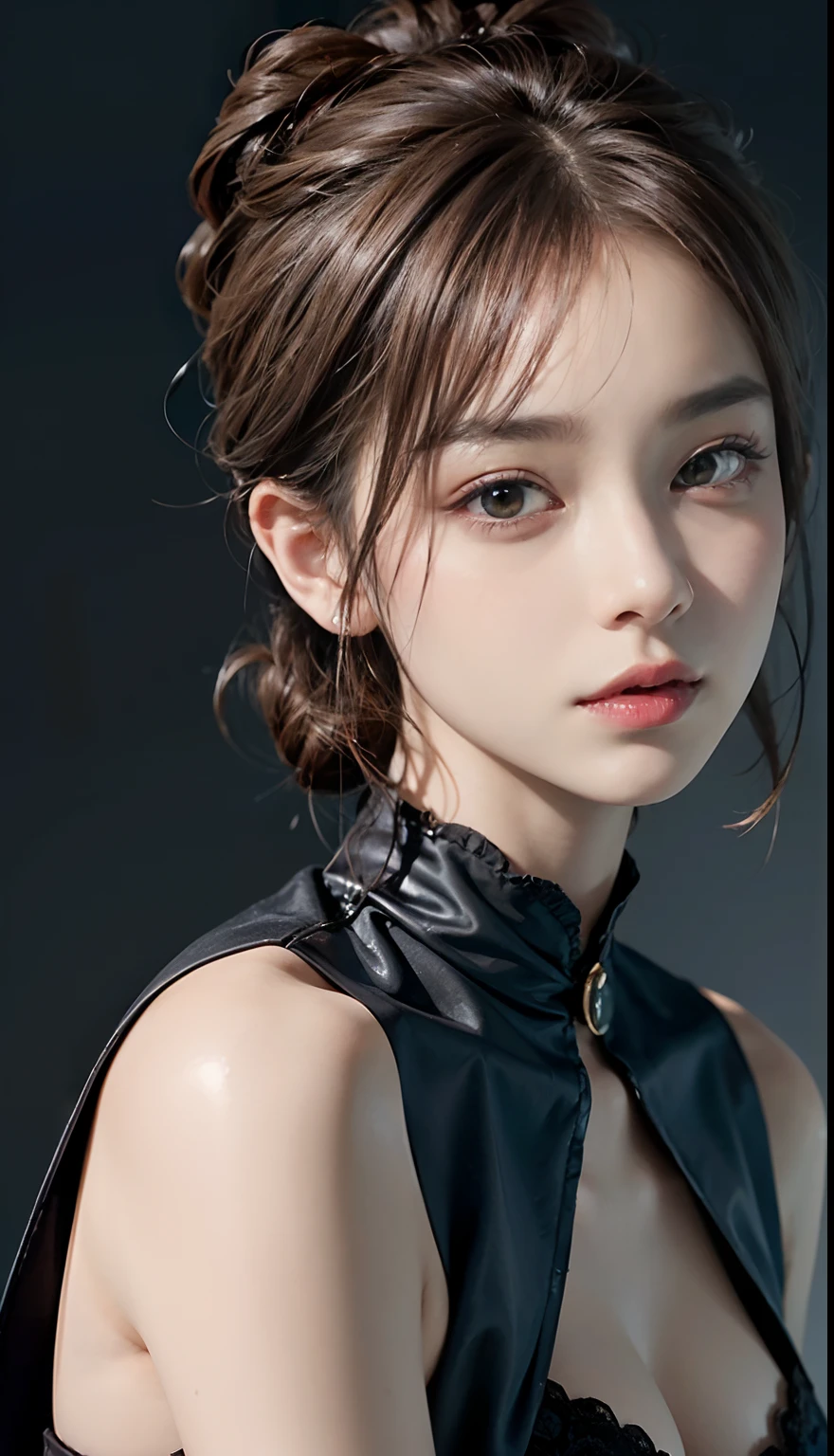 A close up of a woman wearing a black top and a black tie - SeaArt AI