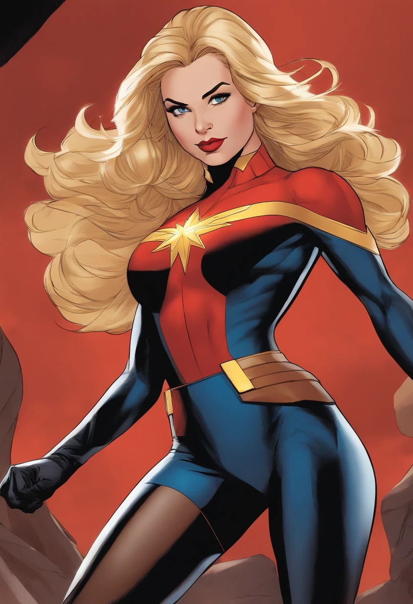 Carol danvers, Captain Marvel, Mar-Vell, sleeveless turtleneck leotard, wavy hair - SeaArt AI