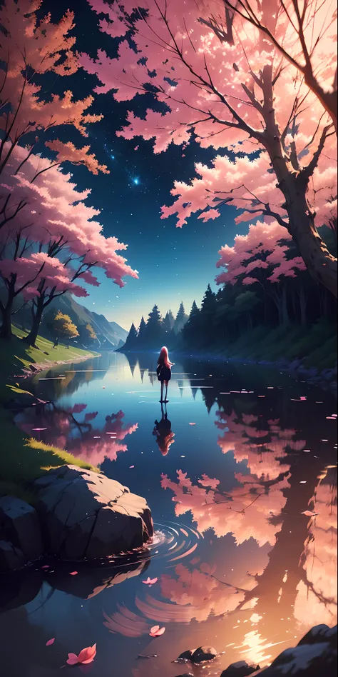 anime - style painting of a woman standing on a rock in a lake, anime ...