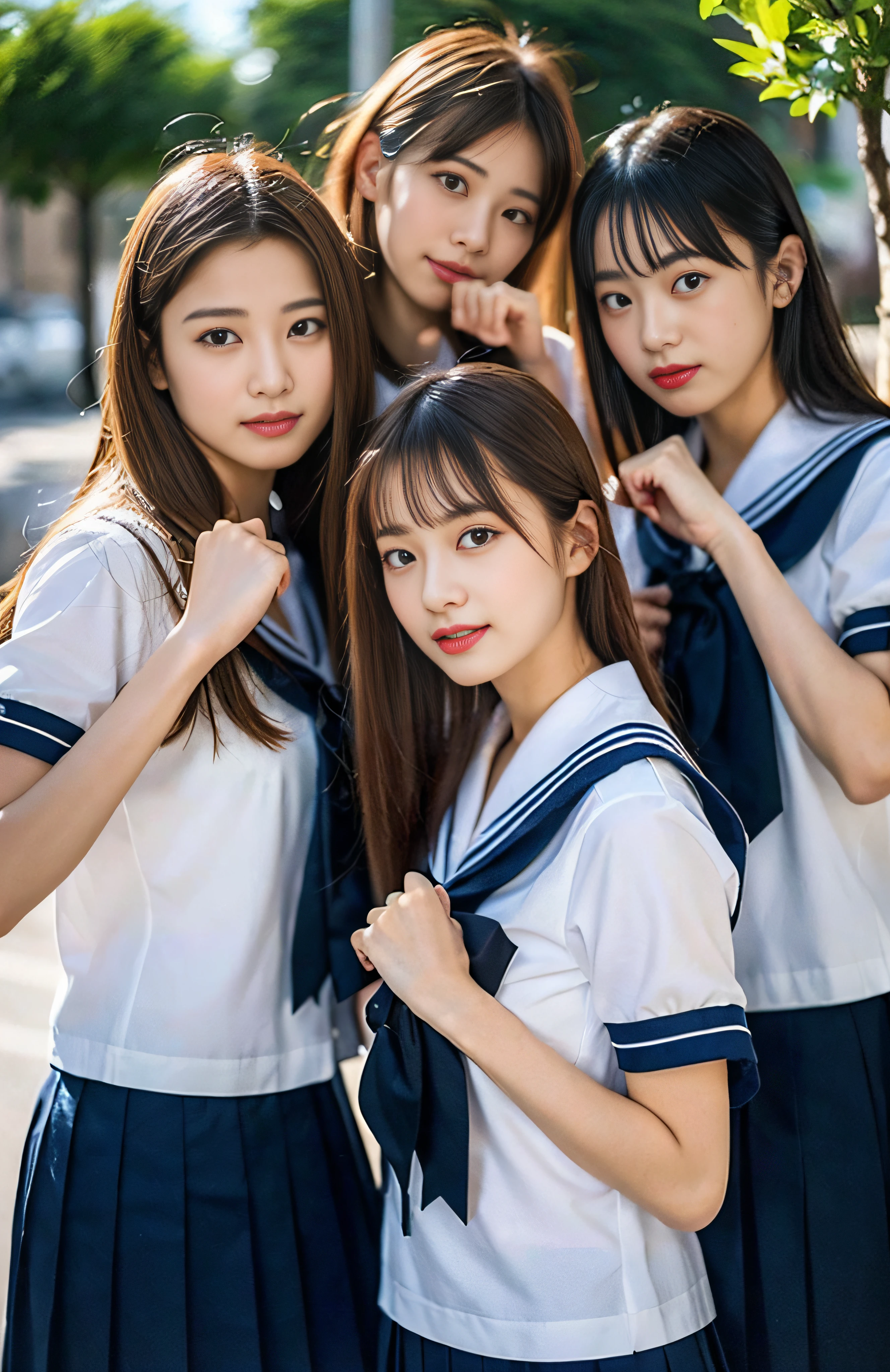 学校の制服を着た3人の若い女性が写真のポーズをとる Seaart Ai 