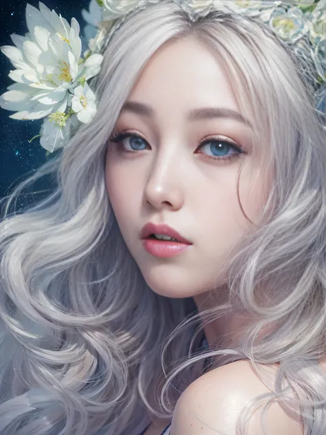 A close up of a woman with long white hair and flowers in her hair - SeaArt AI