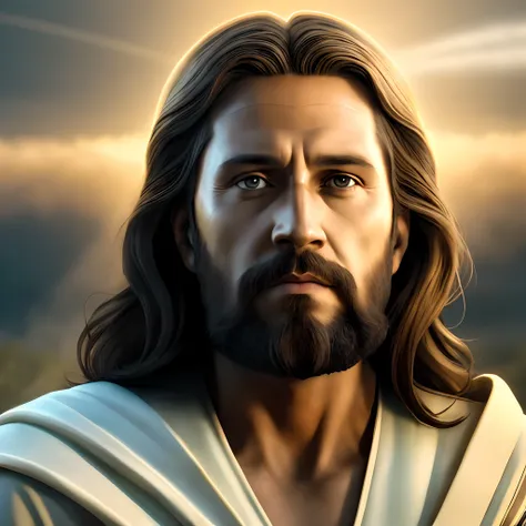 Realistic image of Jesus Christ, serene face, long hair, beard and mustache, wearing light ...