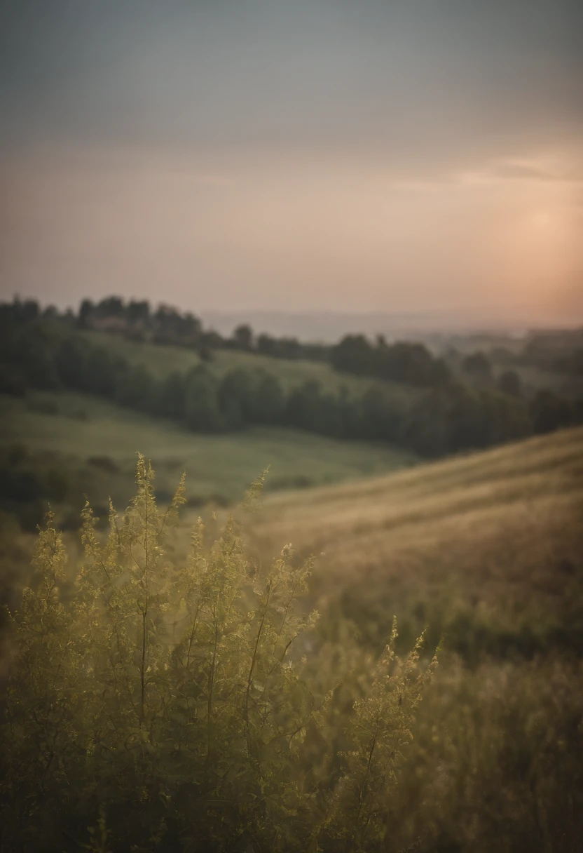 Arafed view of a field with a few trees and a sunset - SeaArt AI