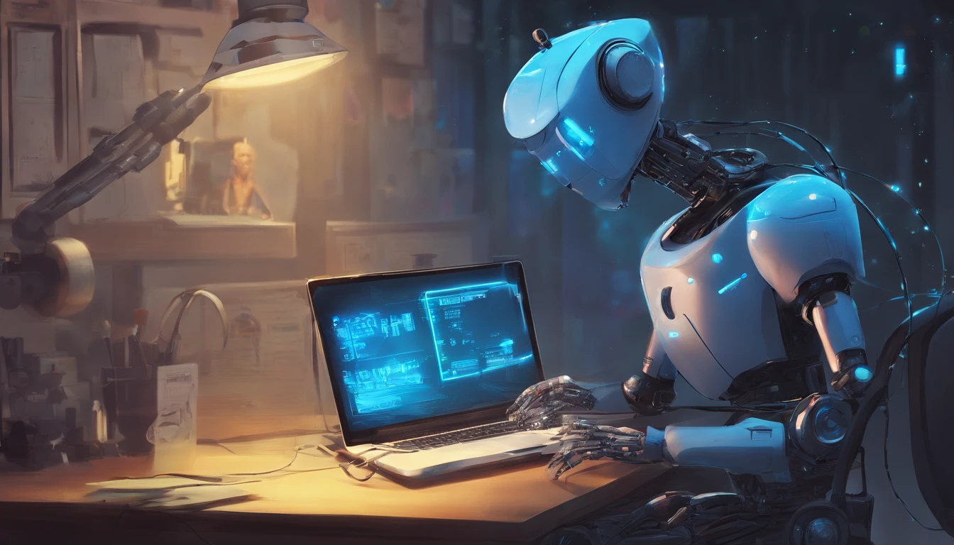 Robot with blue lights on the computer with a laptop on it, in the ...
