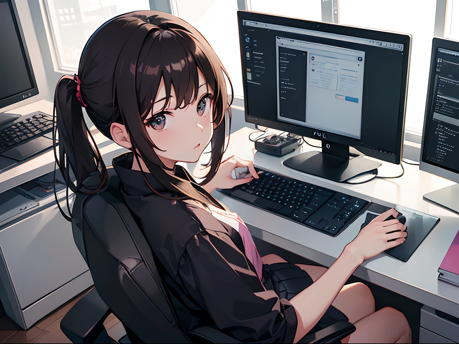 Anime girl sitting at a desk with two computer monitors and a keyboard ...