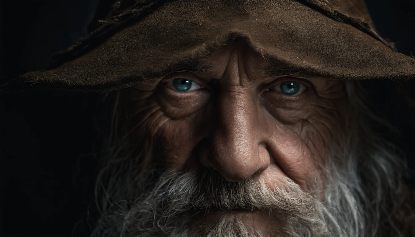 A portrait of a wizard, bearded, wrinkled, weathered, with piercing ...
