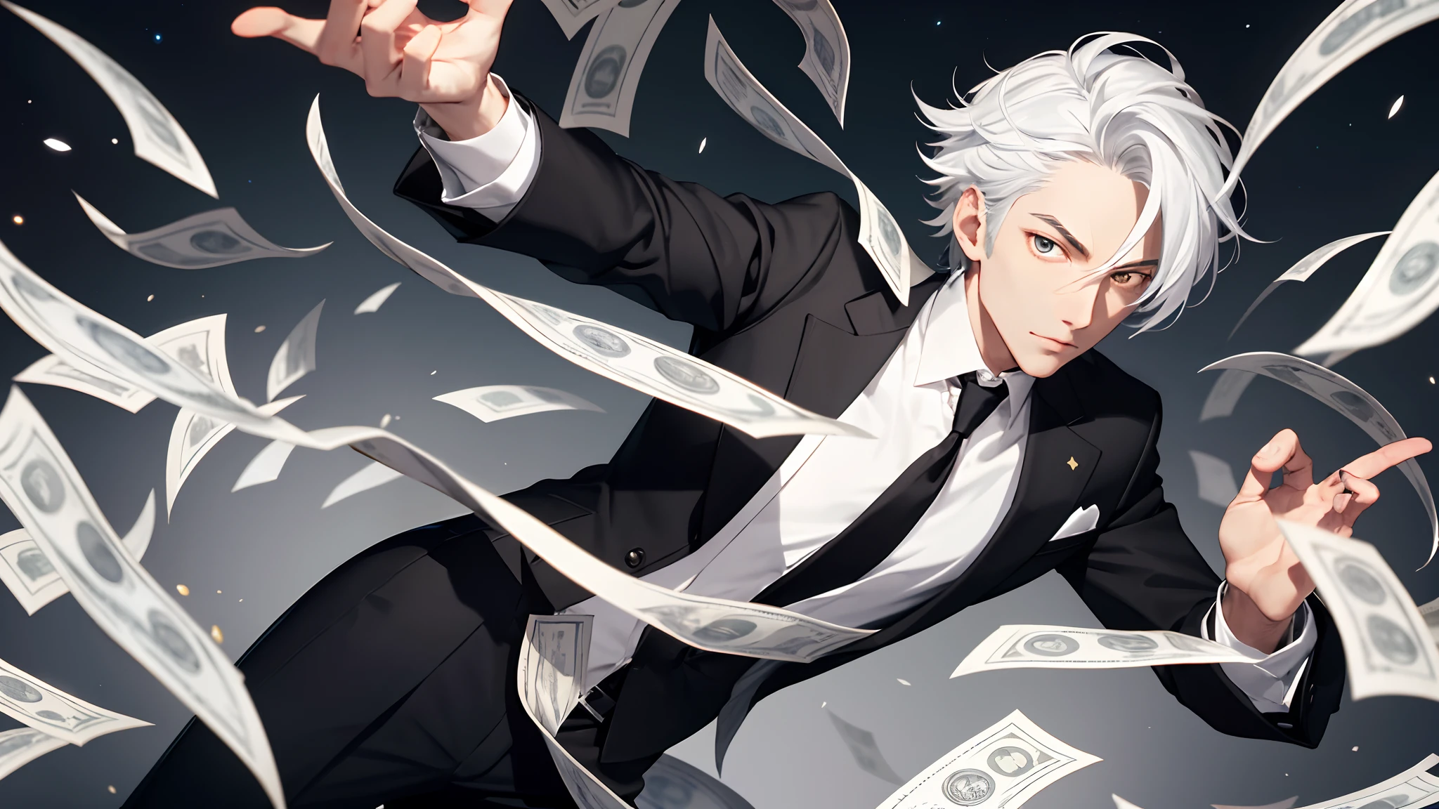 Anime guy in a suit and tie throwing money - SeaArt AI