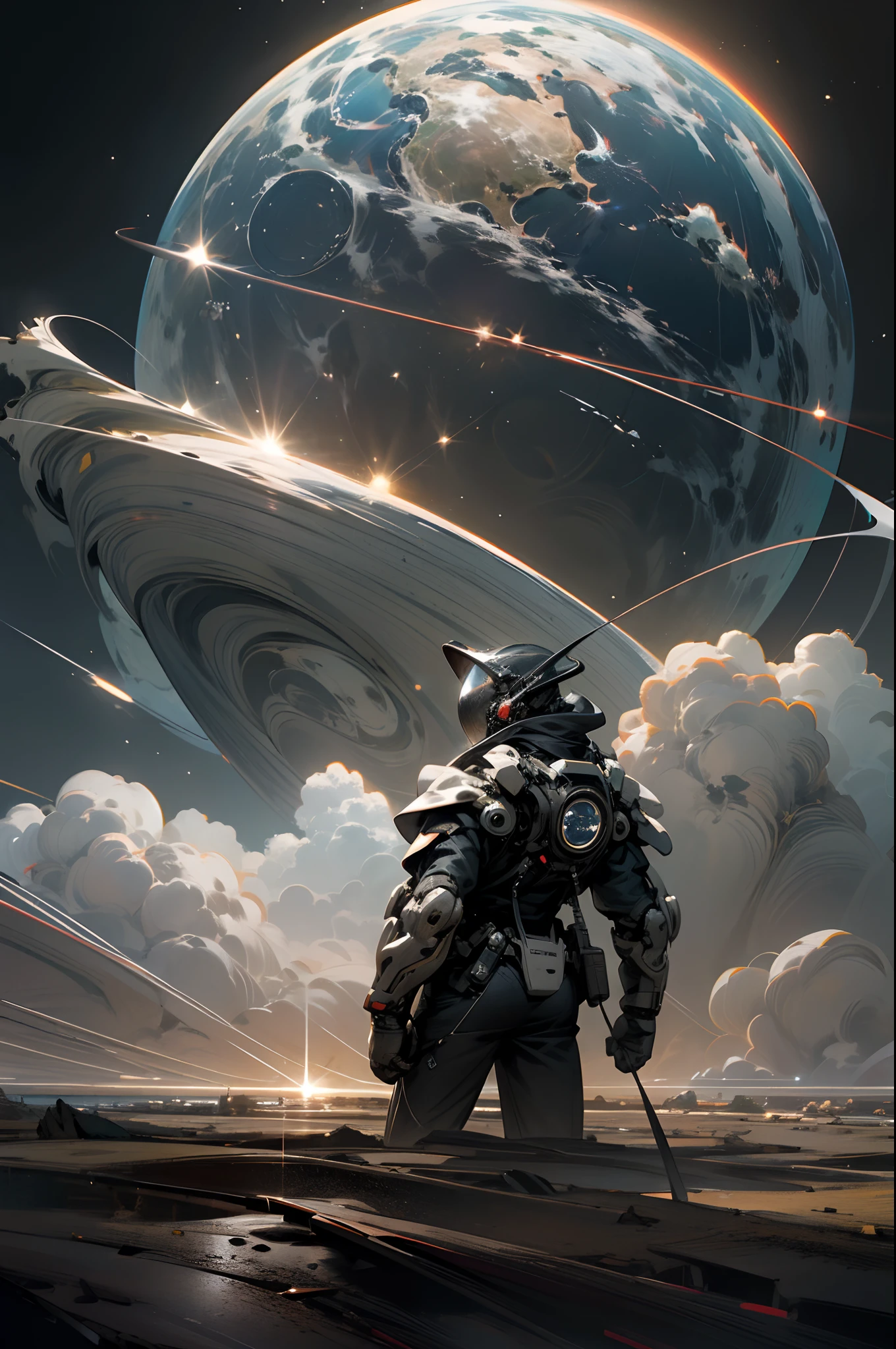 A man standing in front of a giant alien looking at a planet - SeaArt AI