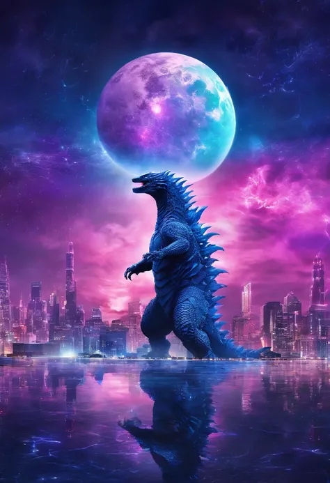 Godzilla , the ocean，The background is a futuristic city, scifi style ...