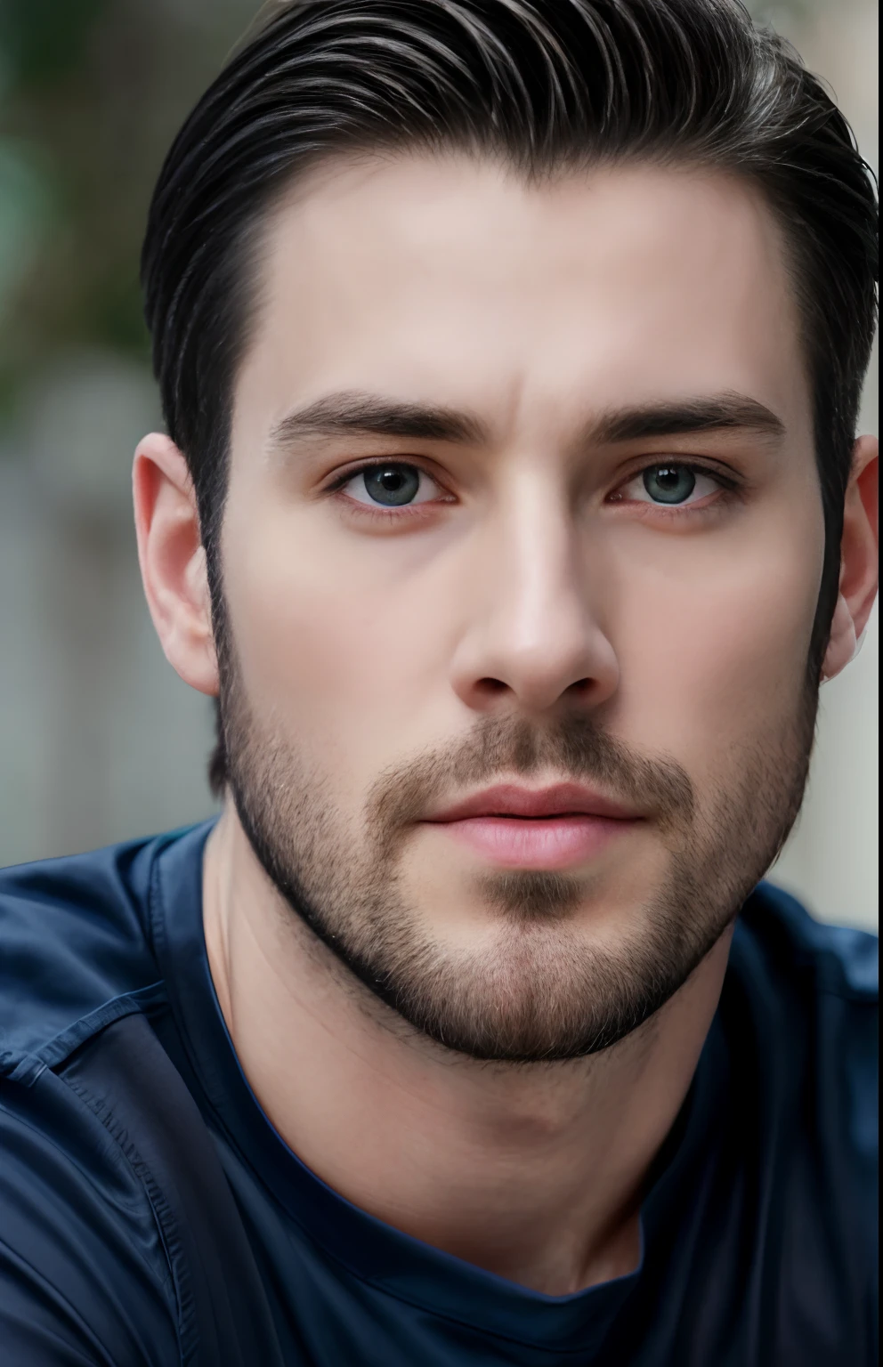 male charter in blue t shirt, front focus on camera, short beard, black ...