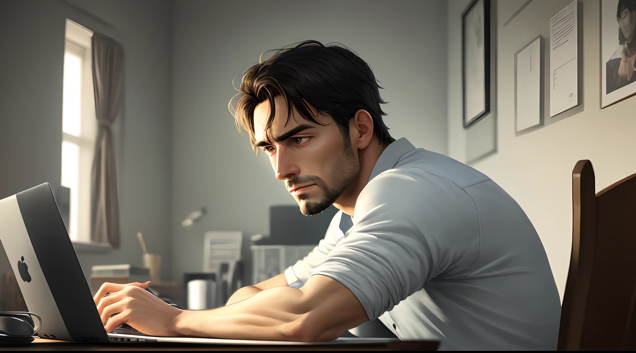 There is a man sitting at a desk using a laptop computer - SeaArt AI