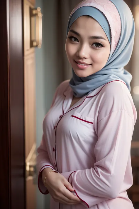 Malay Girl In Hijab Wearing Sexy Pastel Color Pajamas Portrait Photography Mid Shot Photo 