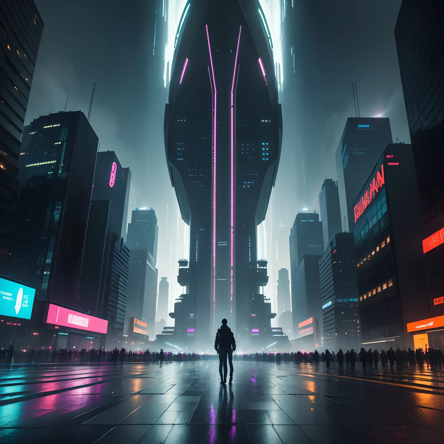 A person standing in a city with a futuristic building in the ...