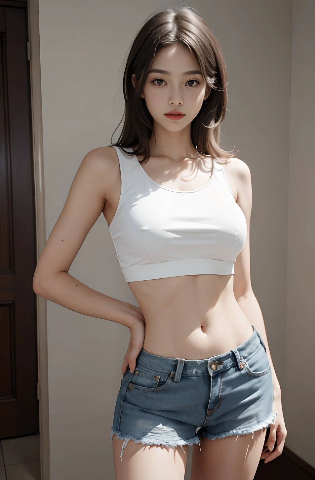 A close up of a woman in a white top and denim shorts - SeaArt AI