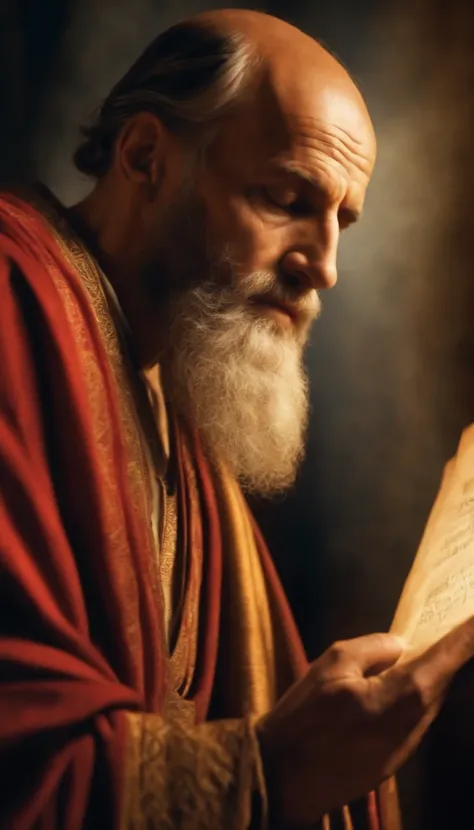 The apostle Paul looked at the screen, long clothes, Religion, Ultra realistic photo, 16:9 image ...