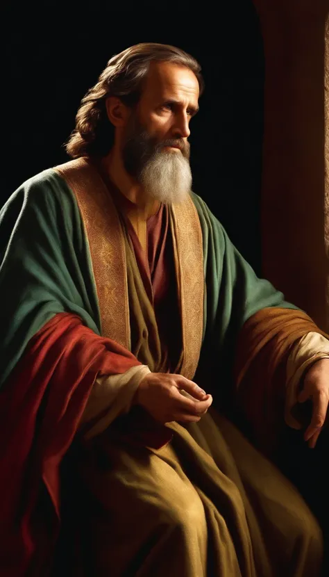 The apostle Paul looked at the screen, long clothes, Religion, Ultra realistic photo, 16:9 image ...