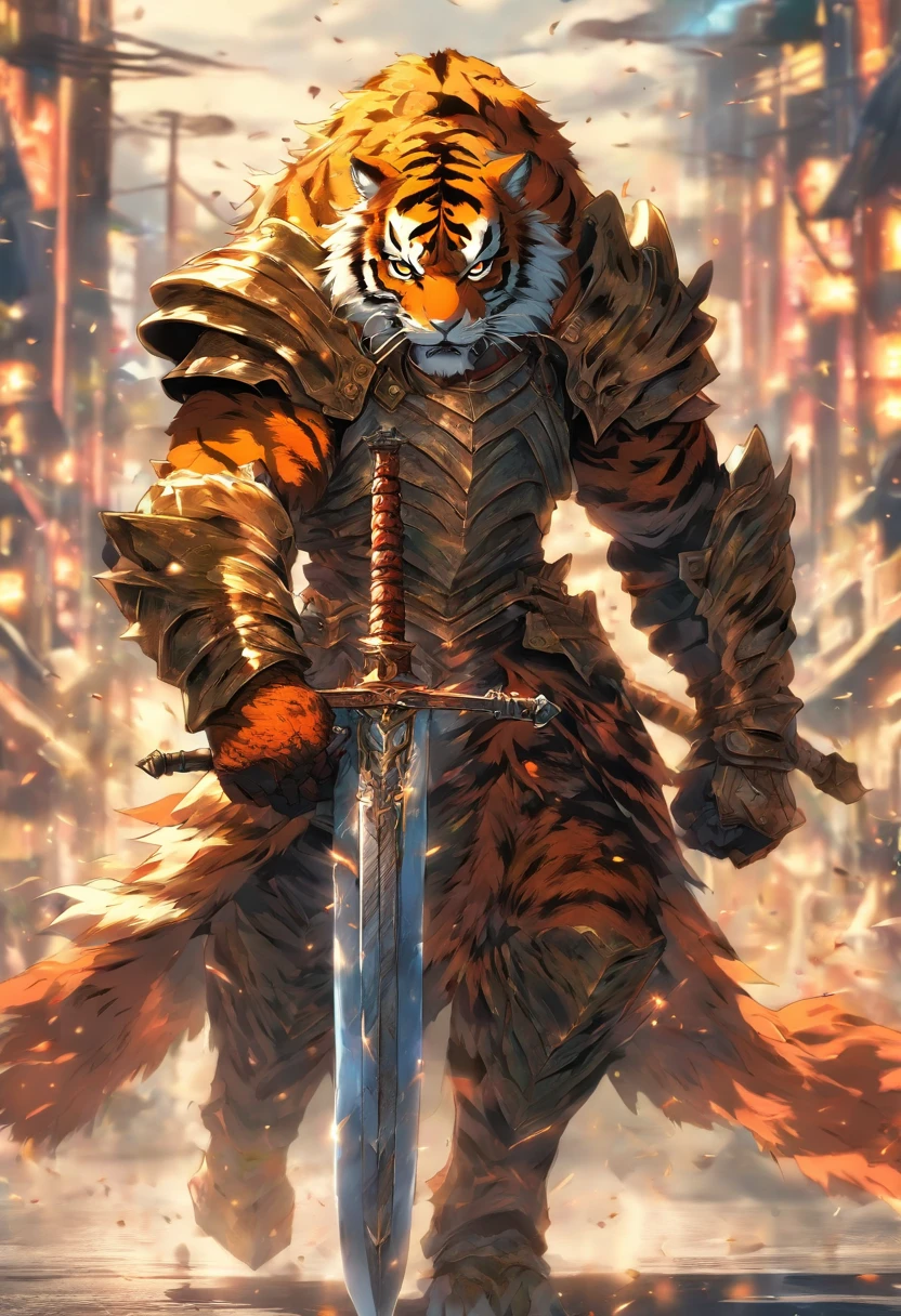 A tiger with a sword in its hand standing in front of a city - SeaArt AI