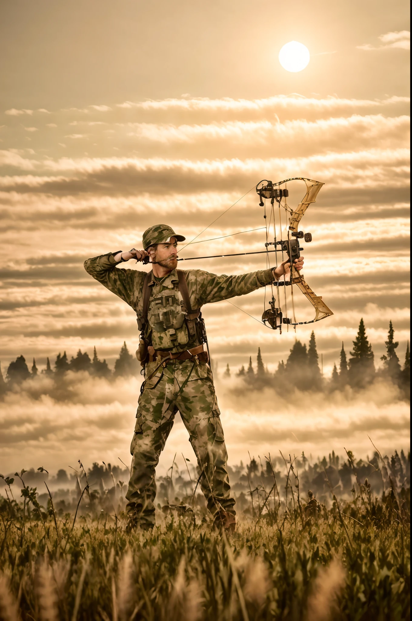 Arafed man in camouflage holding a bow and arrow in a field - SeaArt AI