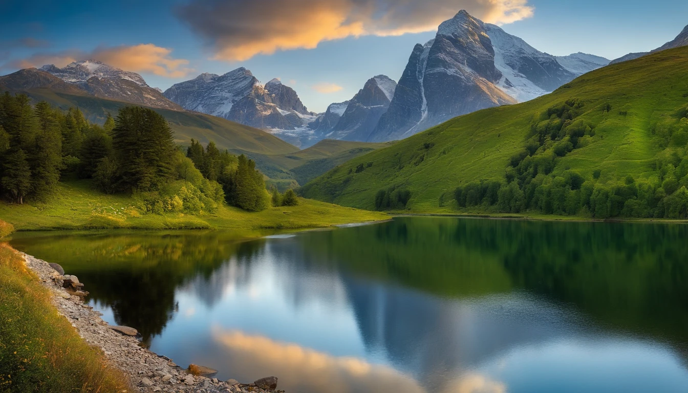 majestic peaks,long shadows,valleys,serene rivers,fresh air - SeaArt AI