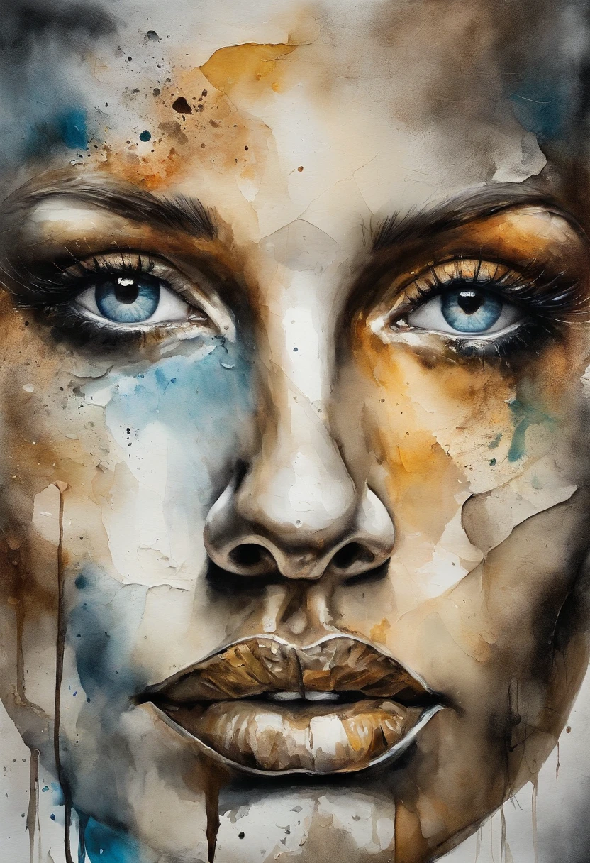 um close up de uma pintura do rosto de uma mulher com um rosto quebrado, cara de porcelana ...