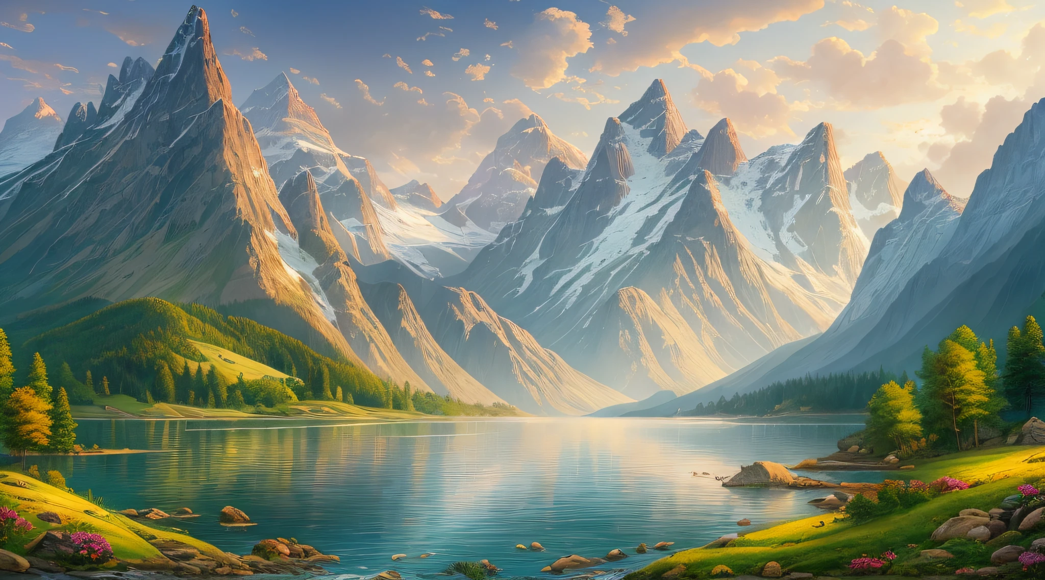 Painting of a mountain lake with a mountain range in the background ...