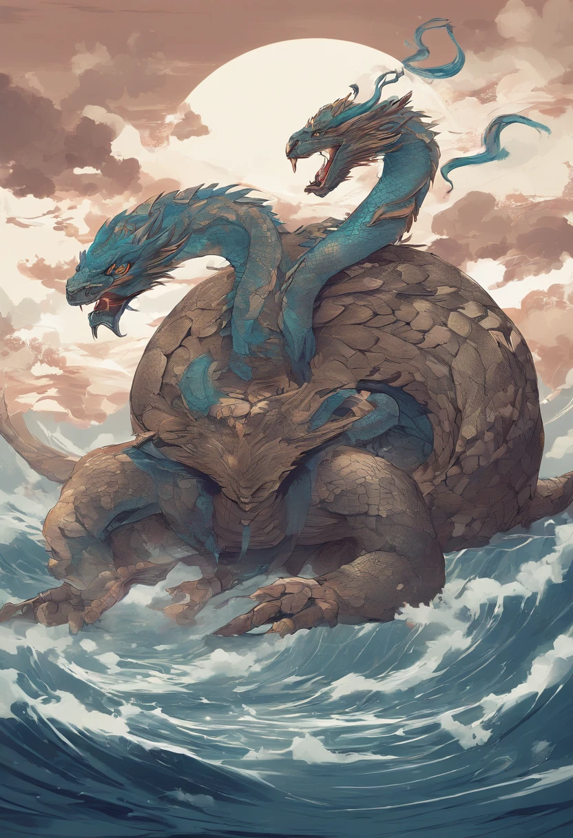 A painting of a dragon on a rock in the ocean - SeaArt AI