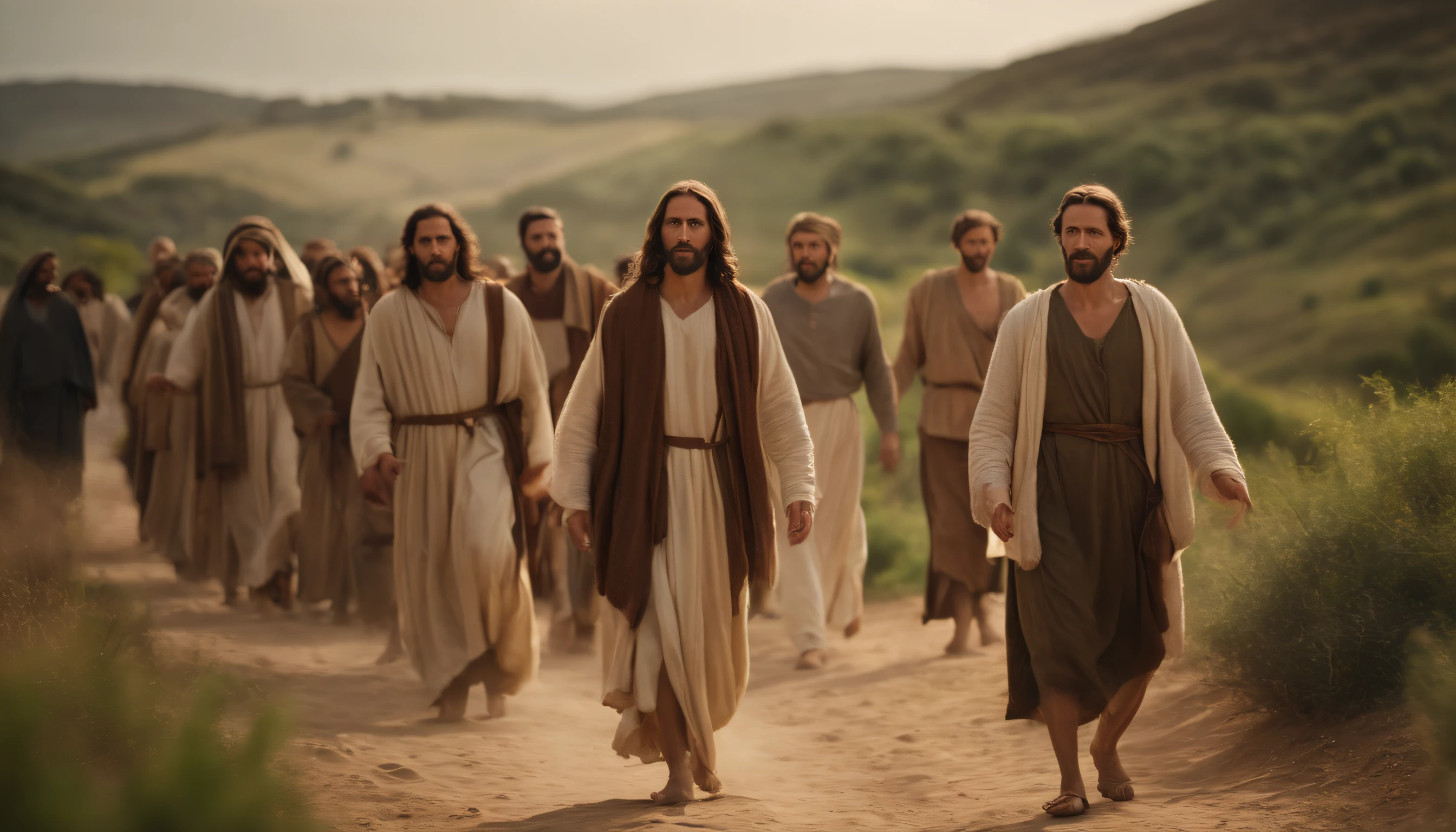 Jesus Christ with the Twelve Apostles walking through the villages ...