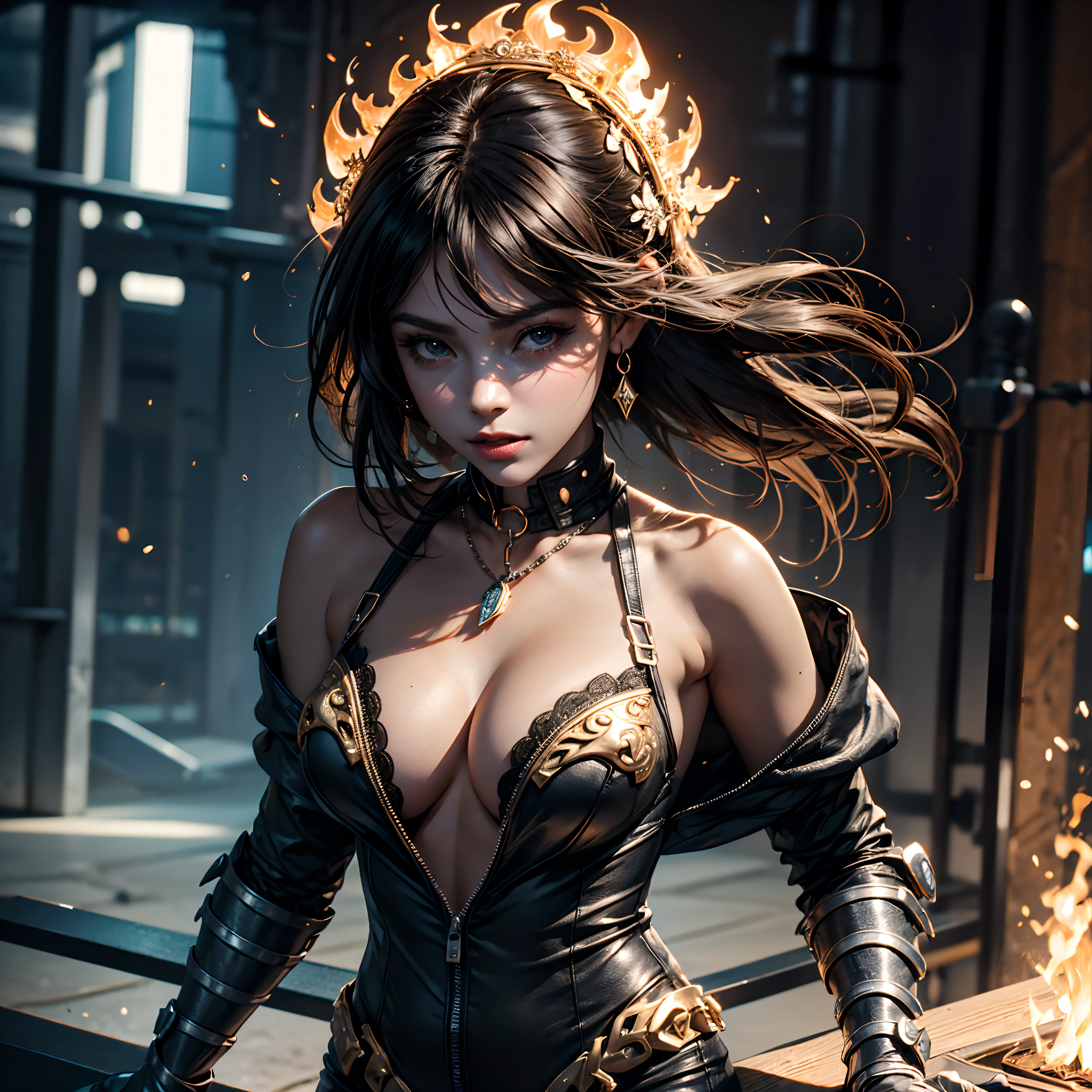 Arafed woman in a leather outfit with a sword and fire - SeaArt AI