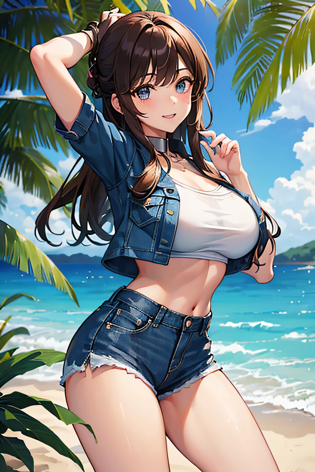 a woman in a white shirt and blue shorts standing on a beach - SeaArt AI