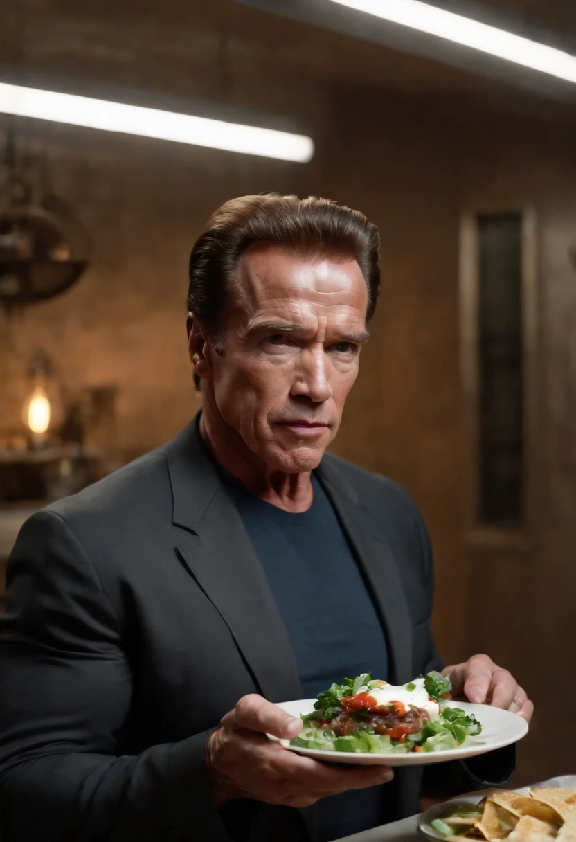Magnify 40-year-old Arnold Schwarzenegger as the Terminator, with his iconic black suit ...