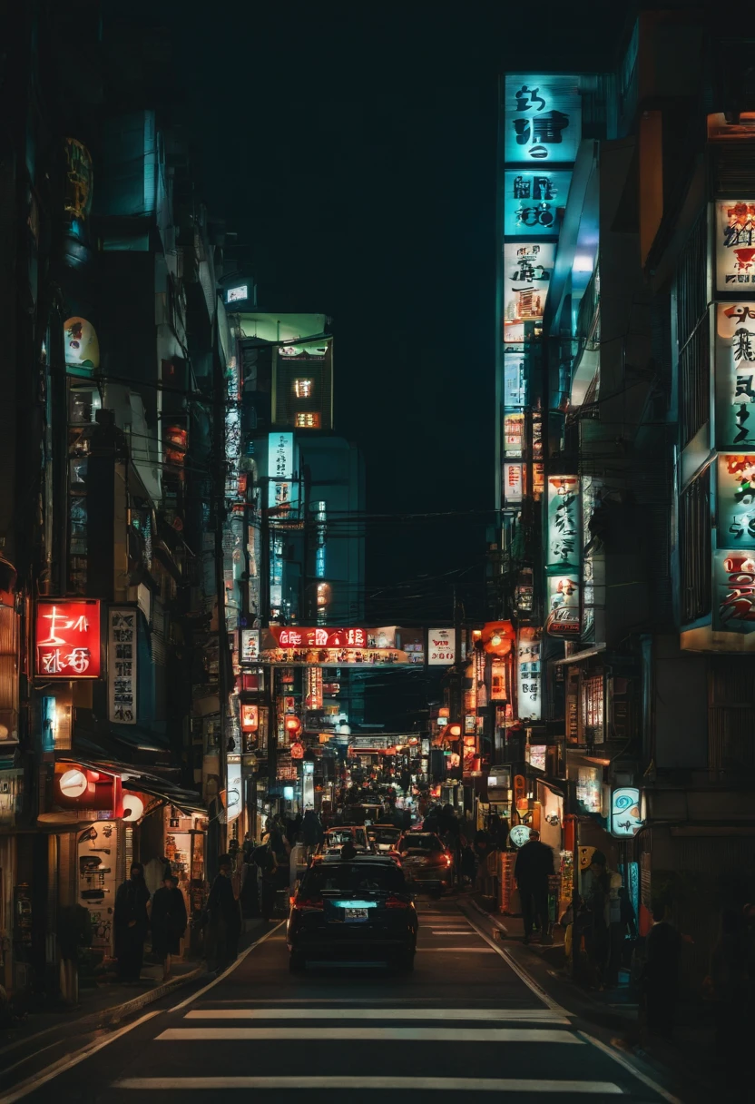 A view of a city street at night with neon signs - SeaArt AI