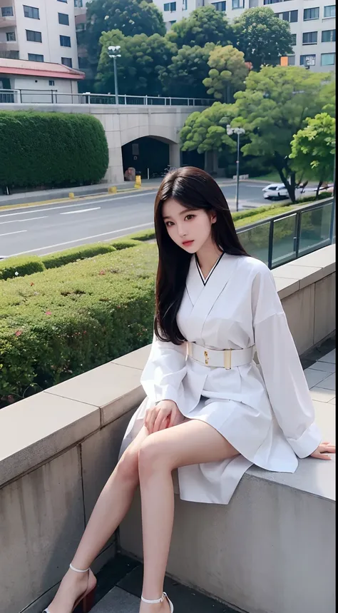 arafed woman sitting on a ledge with her legs crossed, korean girl, korean woman, korean women's ...