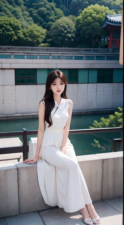 arafed woman sitting on a ledge with her legs crossed, korean girl, korean woman, korean women's ...