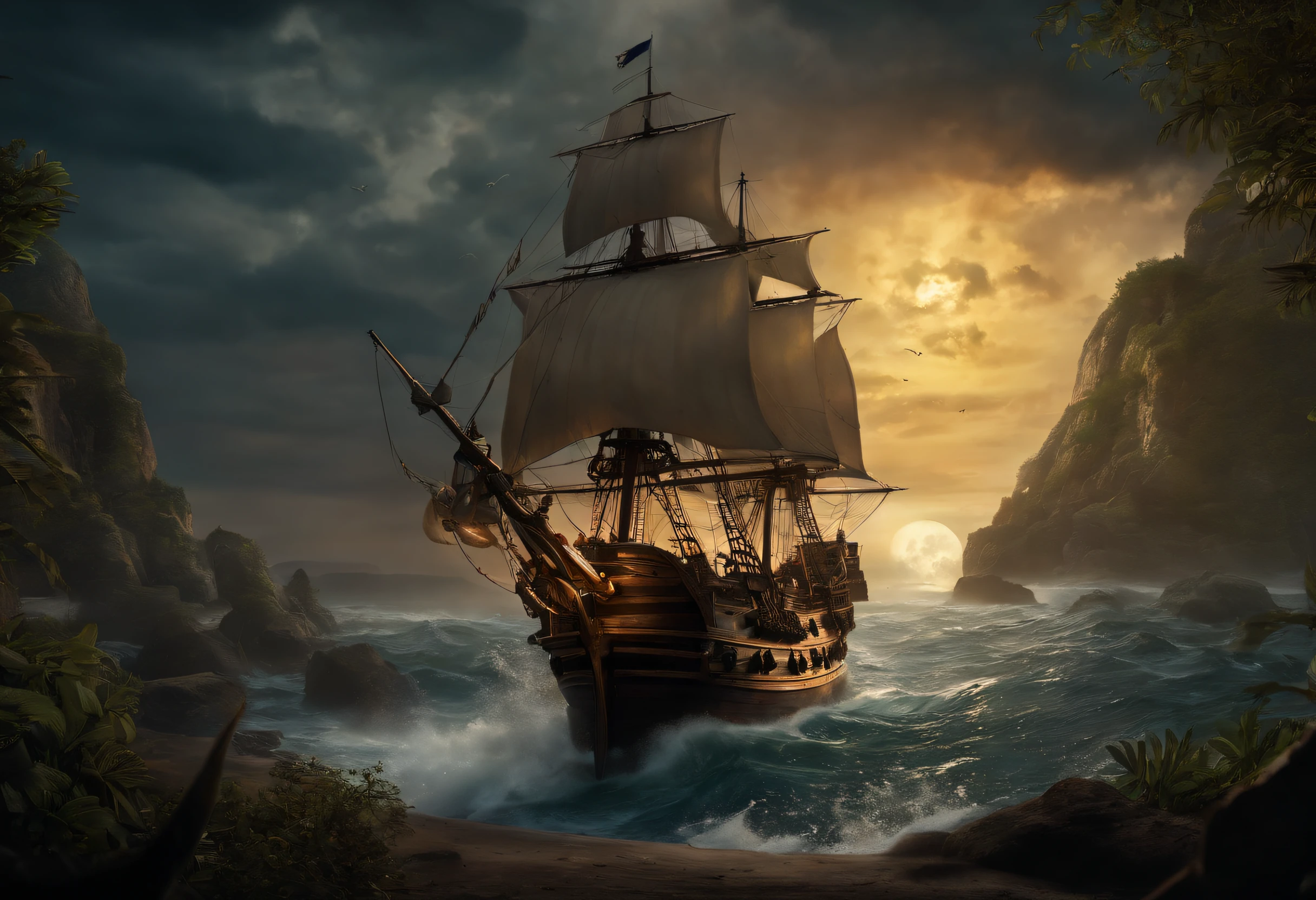 sail, treasure chest, stormy sea, moonlit night, skull and crossbones ...