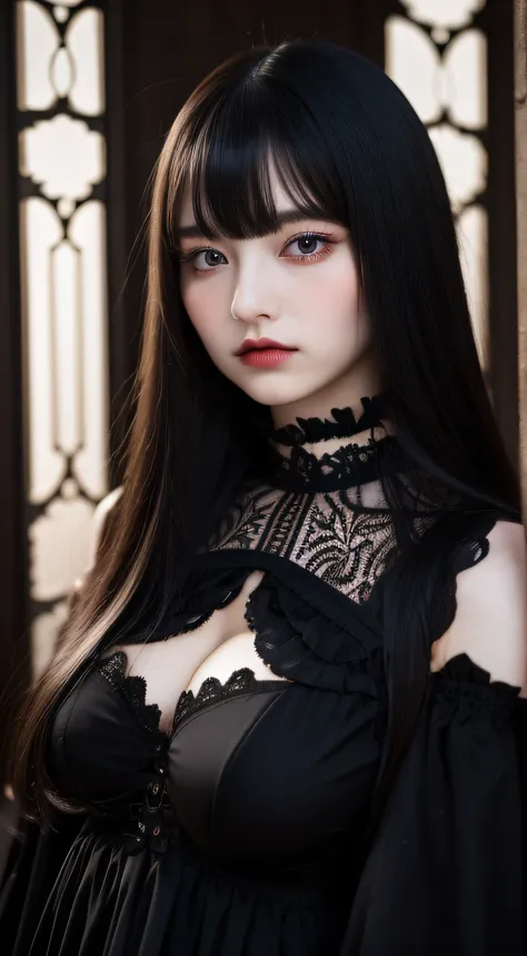 Gothic lolita、Ahegao、｟Skin revealing｠、Breast Pulling Pose、crisp image、absolutely outstanding ...