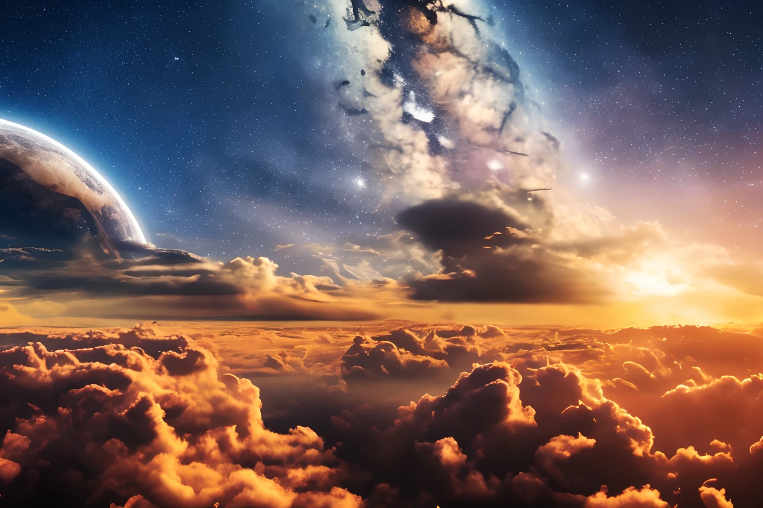 A view of a planet and a cloud covered sky with a bright sun - SeaArt AI