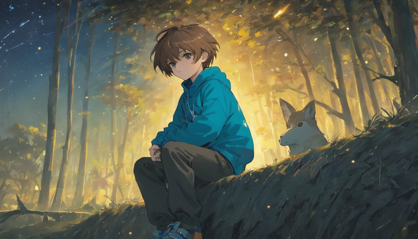 Anime Boy programmer 14 year old, in blue hoodie, brown hair, black ...
