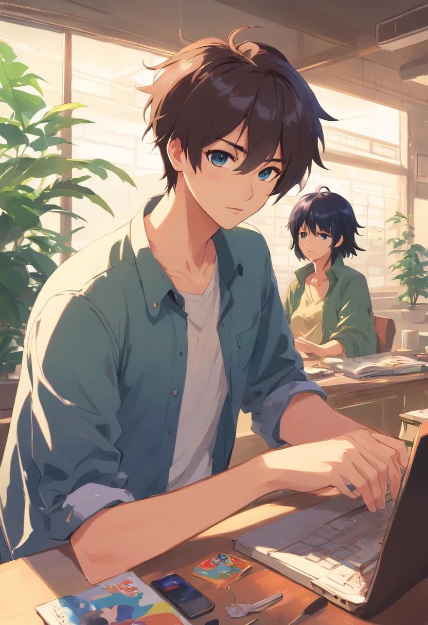 Anime boy sitting at a table with a laptop computer - SeaArt AI