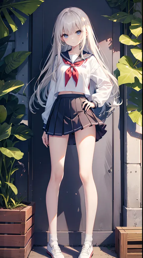 最高品質、スレンダー美女、ストレートヘアの、ニーハイ、高校生の女の子、夏服、超ミニスカート、パンツ、パンチラ、腰に手を置きます、仁王立ち ...