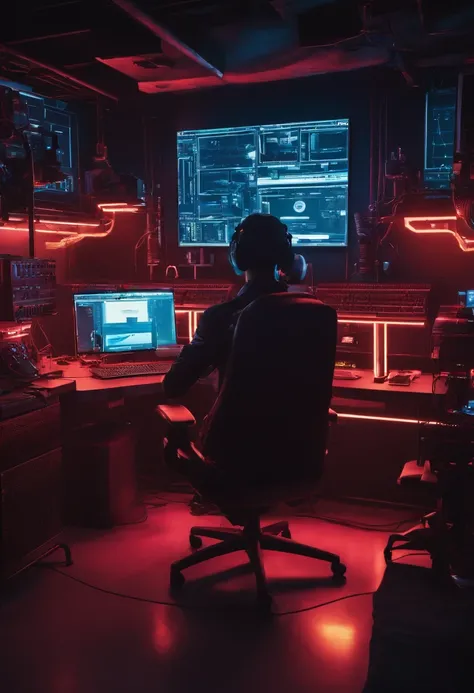 A dimly lit computer lab，There are a lot of monitors and a keyboard ...