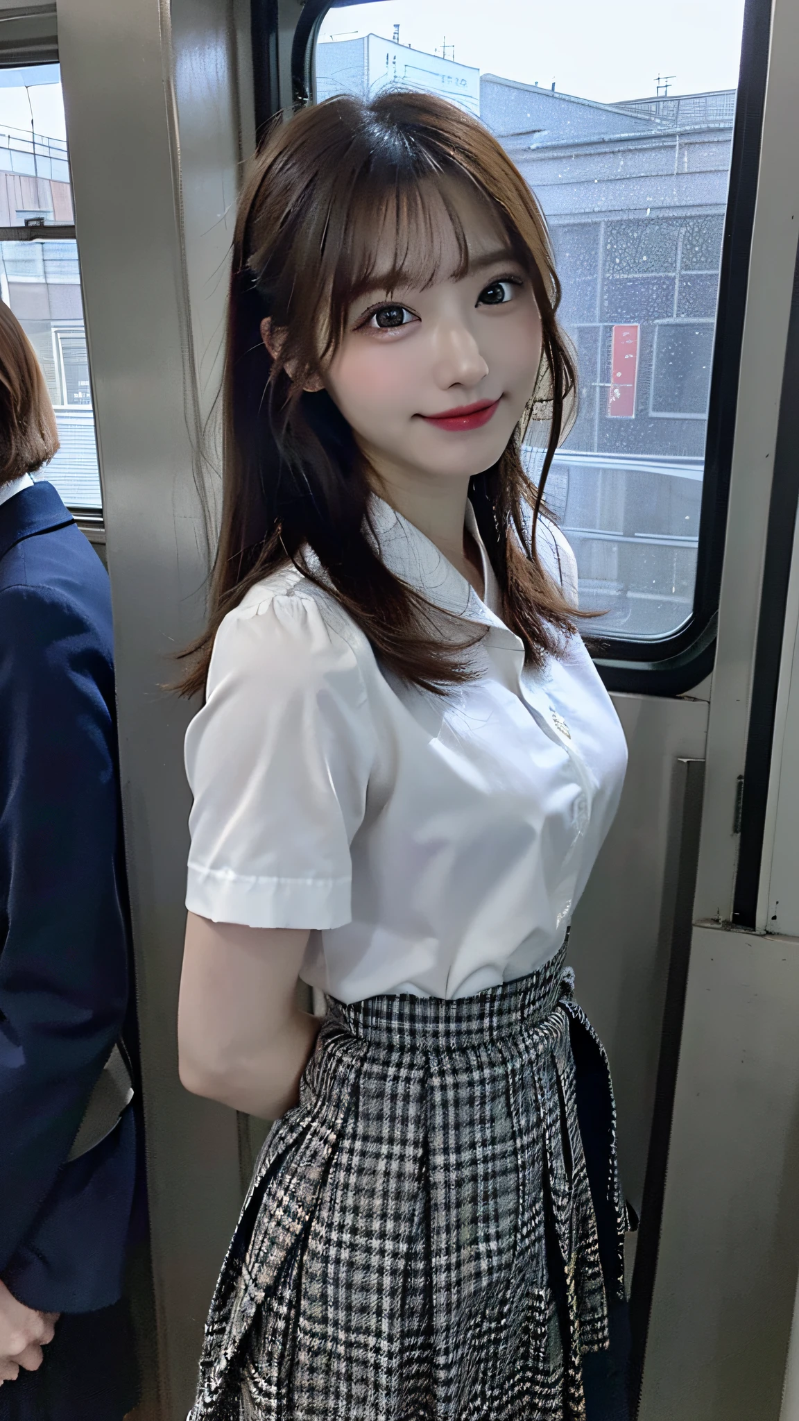 Araffe asian woman in a skirt and white shirt standing in a subway - SeaArt AI