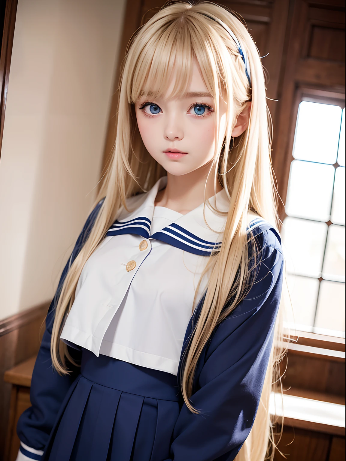 セーラー服を着た長いブロンドの髪の女性のクローズアップ Seaart Ai 