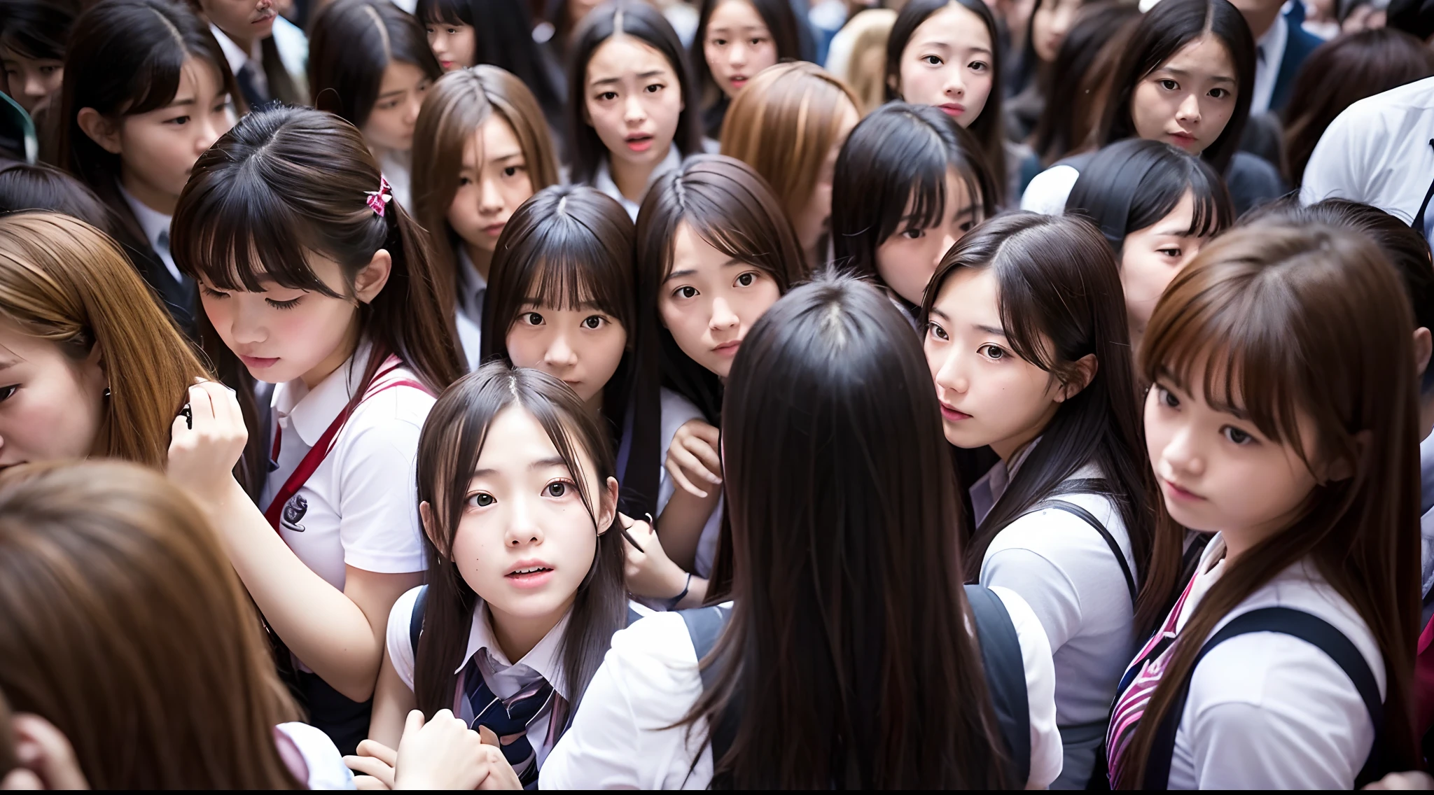 超高画質、現実的な、女子高生1000人 日本の女子高生 集合写真で 女子高生の群衆 たくさんの女子高生に囲まれて 多くの女子高生から白い目で見