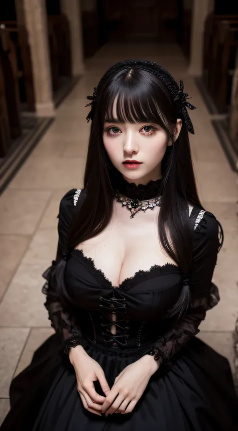 Gothic lolita、from below,｟Colossal tits:1.2｠,｟Skin revealing｠、Breast Pulling Pose、absolutely ...