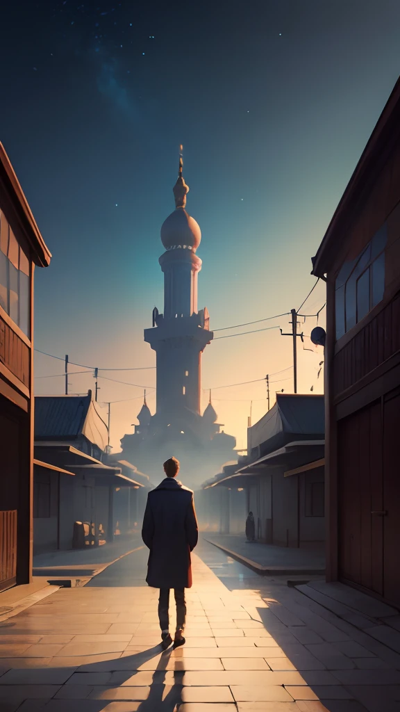 Arafed image of a man walking down a street with a clock tower in the background - SeaArt AI