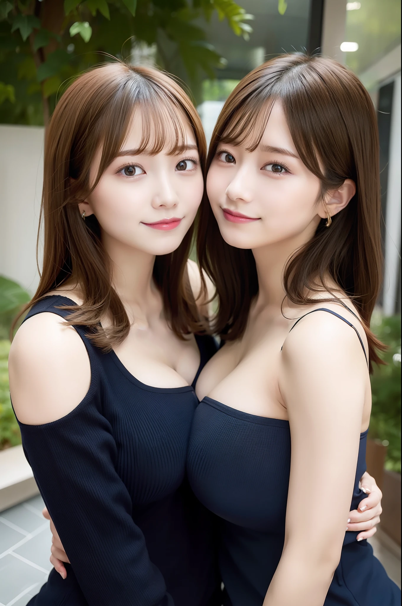 Two asian women in black dresses posing for a picture - SeaArt AI
