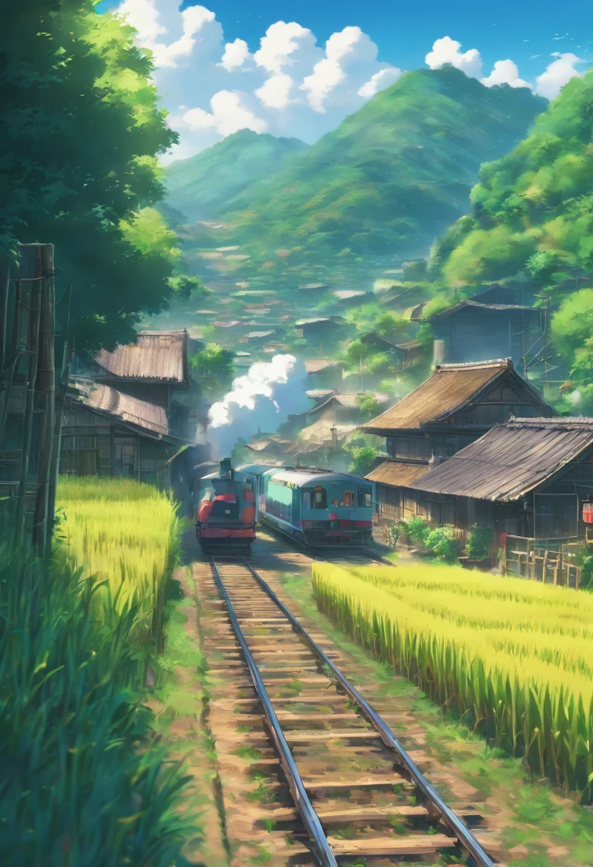 ผลงานชิ้นเอกของฉากภาพยนตร์ของรถไฟที่วิ่งผ่านหมู่บ้านเก่าหรือใกล้นาข้าว ...