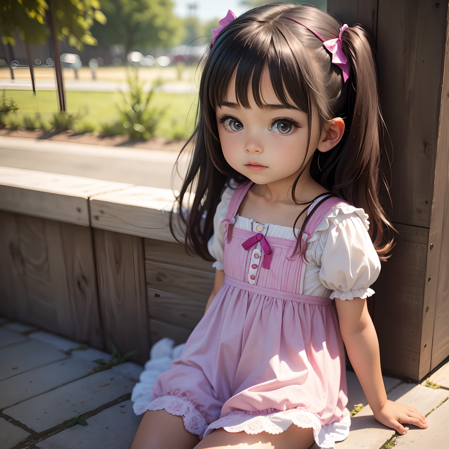 There is a little girl sitting on a bench with a pink dress - SeaArt AI