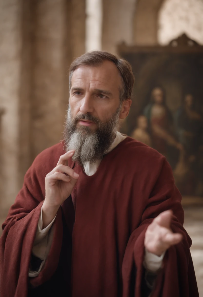 A man with a long beard and a red robe is standing in a room - SeaArt AI