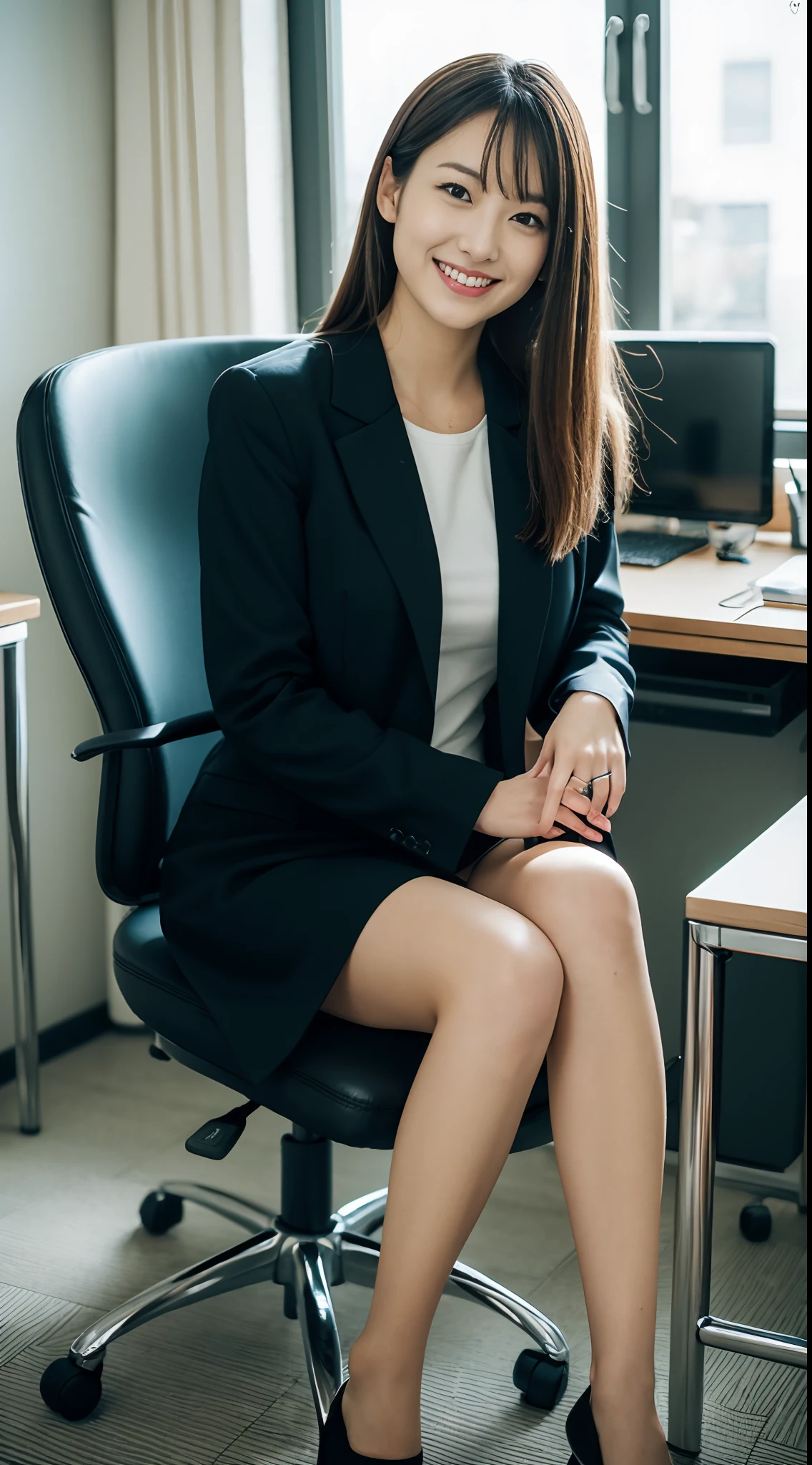 A woman sitting in a chair in an office with a desk and computer - SeaArt AI